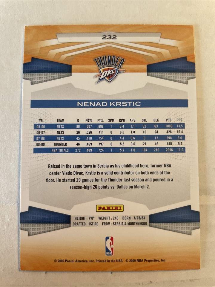 2009 Panini Nenad Kristic Autographed Card Oklahoma City Thunder #232 ...