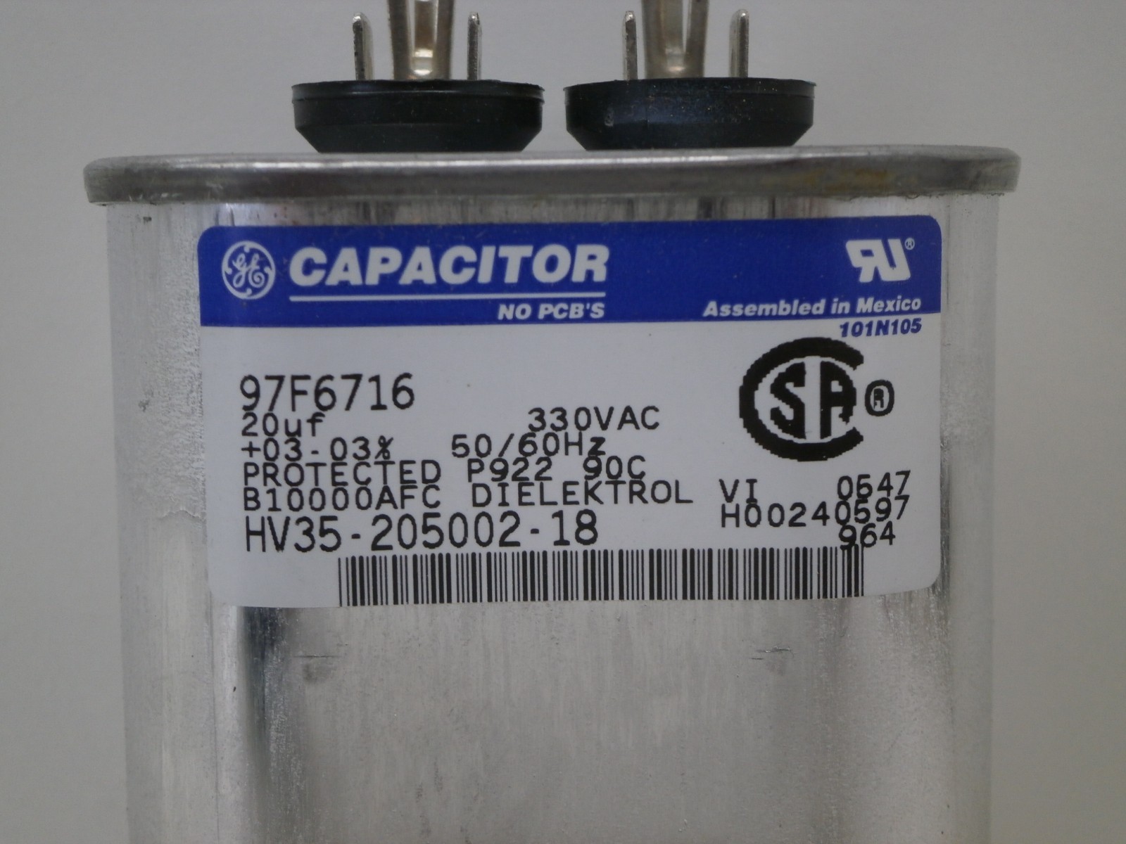 GE 97F6716 Dielektrol Capacitor 20uf 20MFD 330VAC 330V (HV35-205002-18 ...