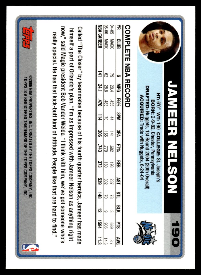 2006-07 Topps #190 Jameer Nelson Orlando Magic | eBay