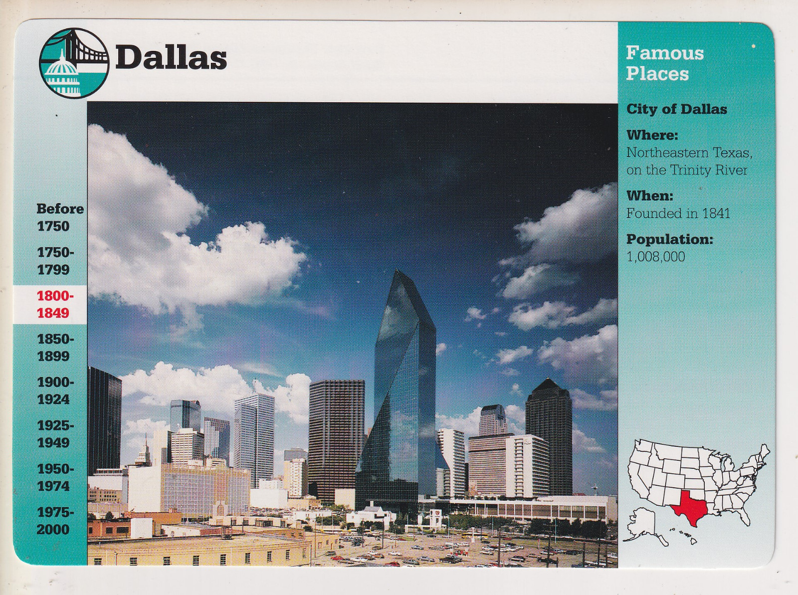 DALLAS City History Skyline Photo 1995 GROLIER STORY OF AMERICA CARD ...