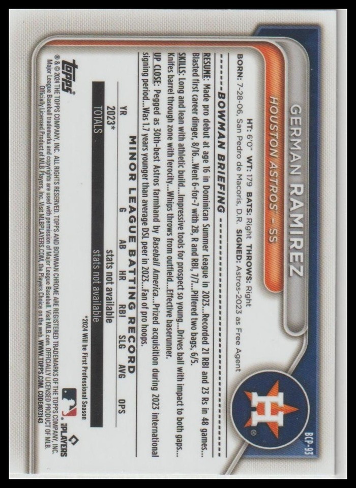 2024 Bowman German Ramirez Chrome Prospects Houston Astros | eBay