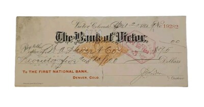 1899 Bank Check: The Bank of Victor, Victor, CO #19282 | eBay