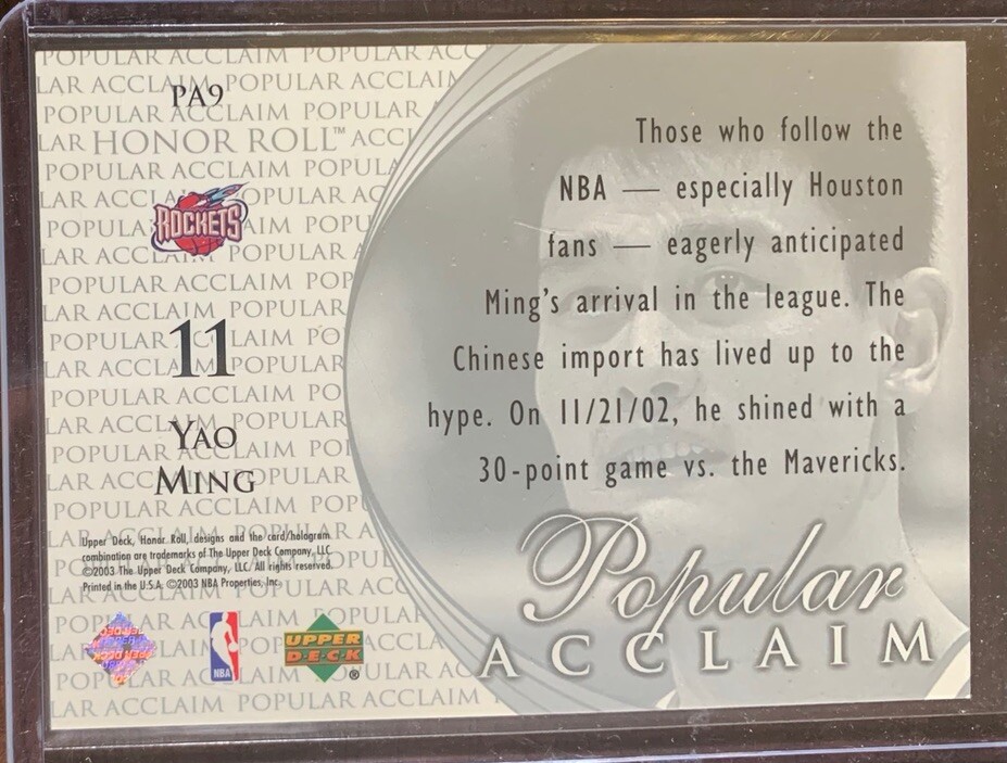 2002-03 Upper Deck Popular Acclaim SSP Insert Yao Ming Rookie #PA9 | eBay
