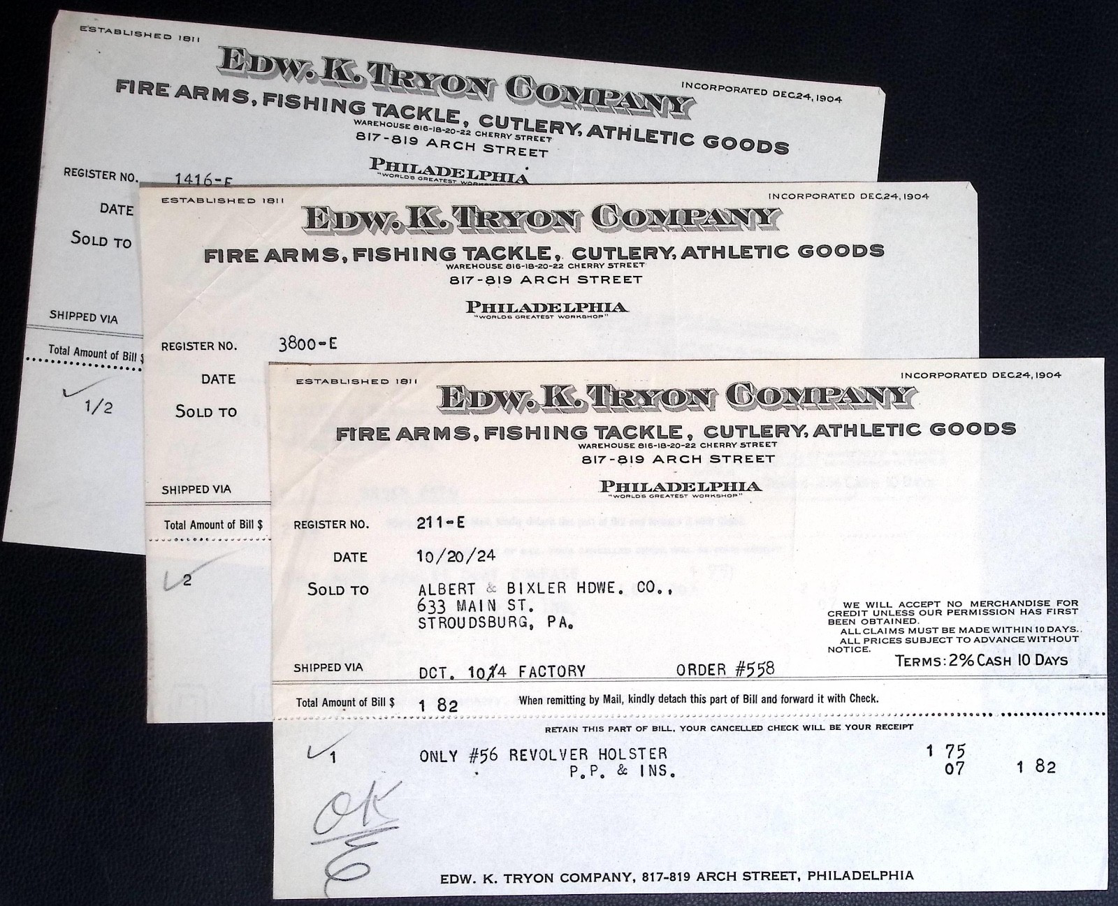 Lot of 3 Edward K Tryon Company 1924 Sporting Goods Invoice Ephemera | eBay