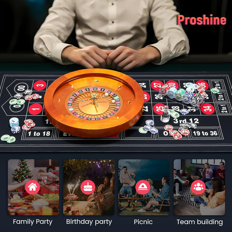 18" Wooden Roulette Wheel Set with Tablecloth & Poker Chips for Family ...