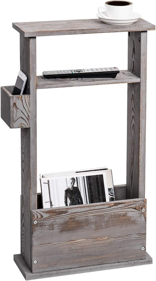 Vintage Grey Wood Side Table Magazine Holder, Solid Wood Floor Shelf ...