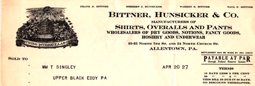 1927 Bitner Hunsicker & Co Shirts Overalls Pants Dry Goods Notions ...