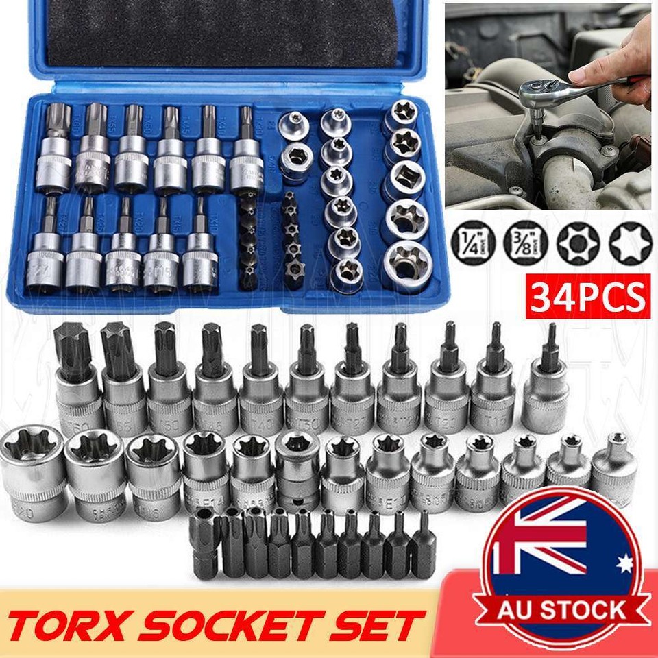 34pc 3/8" Drive Star & E Torx Bit Socket Set tool kit Torx Hex Bit ...