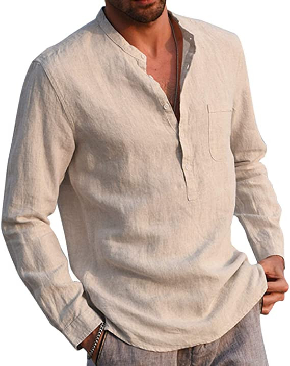 NWT SZ L AUDATE Mens Cotton Linen Shirt Casual Long Sleeve Henley Shirt ...