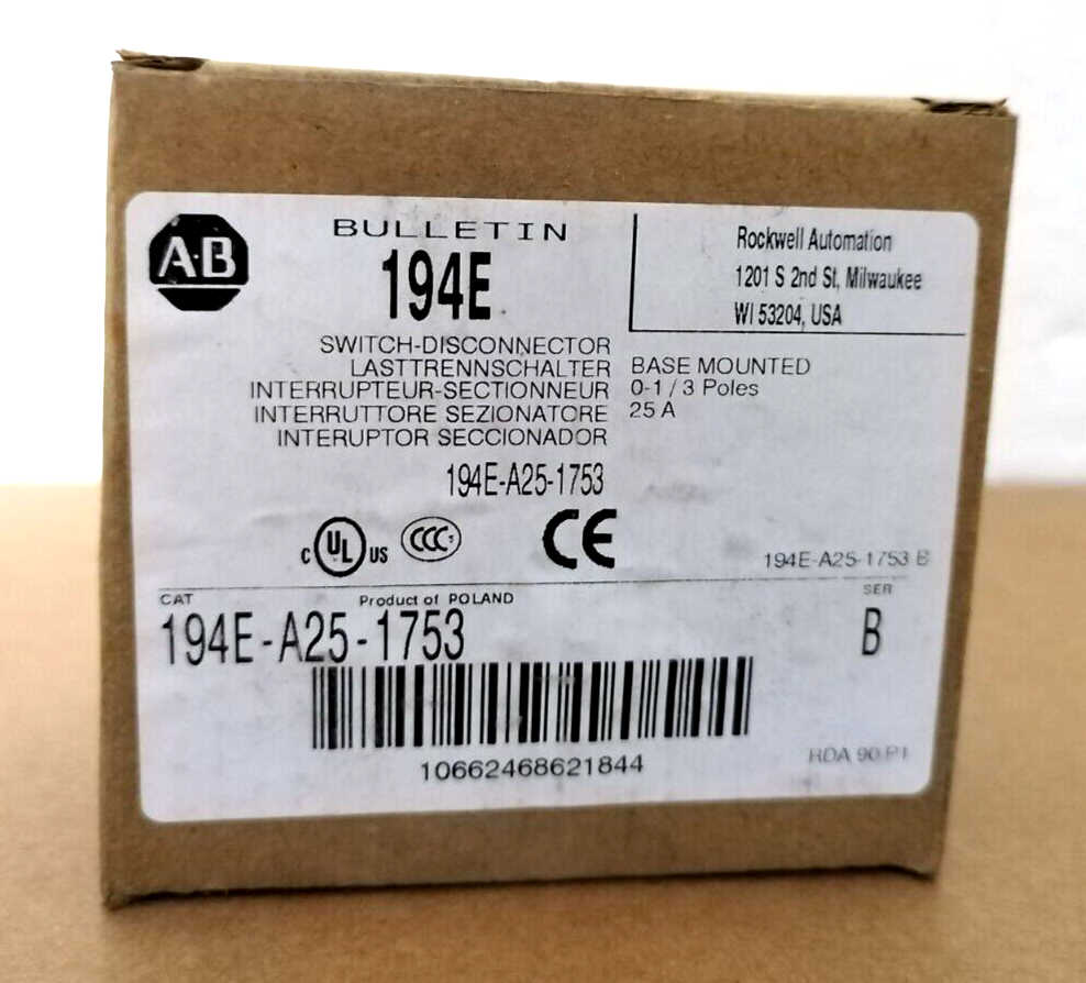 Allen Bradley 194E-A25-1753 /B SWITCH DISCONNECTOR BASE MOUNTED 0-1/3 ...