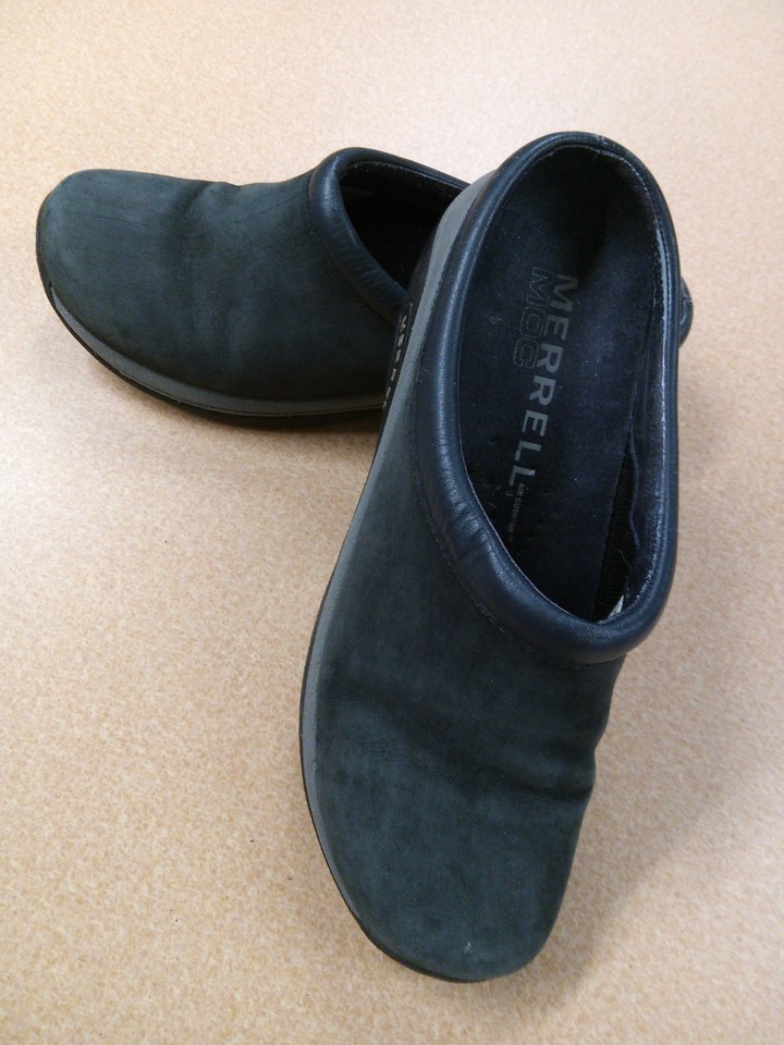 Comfort MERRELL Black Gray LEATHER Beige LOGO Women Size 11 Slides ...