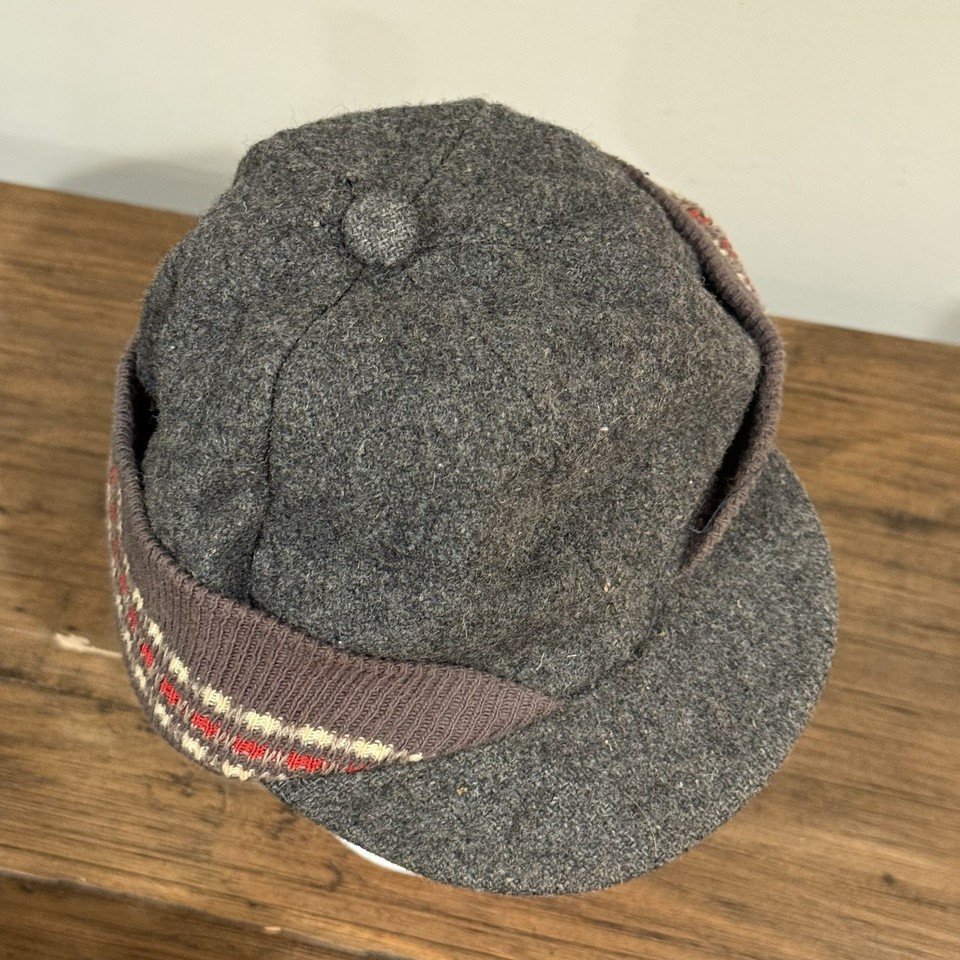 Vintage Wool Ear Flap Cap Gray Winter Hat Knit Band Chin Strap Lined | eBay