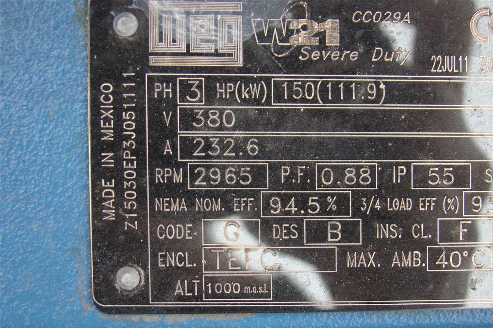 Weg W21 Motor 3PH 150HP 380V 232.6A 2965Rpm Z000198359 Z15030EP3J051111 ...