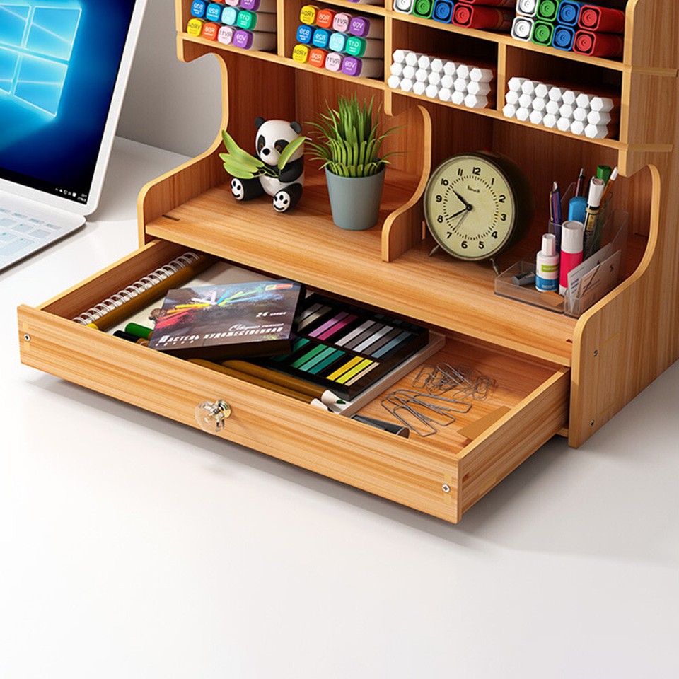 UK Wooden Office Desk Pen Pencil Holder Storage Organizer Tidy Shelf w ...