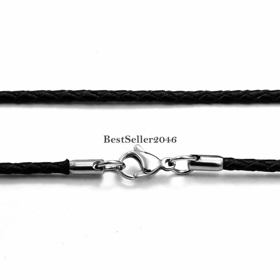 Twisted Braided Rope Black Leather Cord 22 Inch Chain Necklace w Silver ...