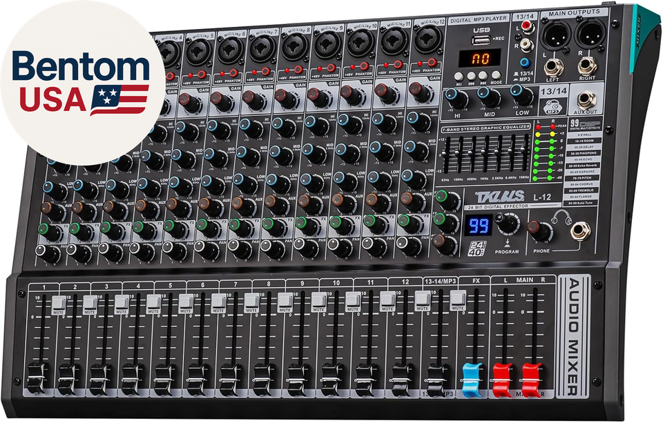 DJ Mixer, Professional 12 Channel Audio Mixer Board with 99-Bit DSP ...