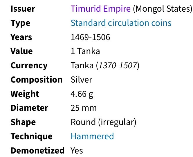 Mongolian Empire 1469-1506 Mongol States Silver Coin Timurid Husayn ...