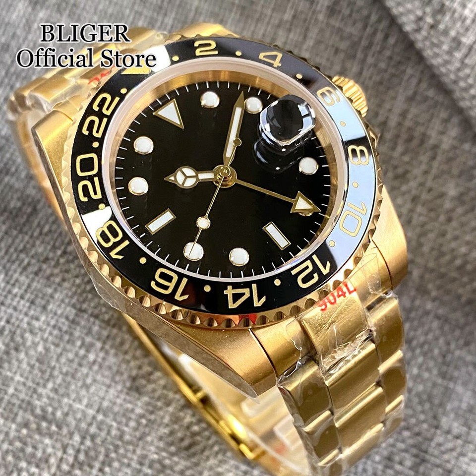 BLIGER NH34A 40mm Gold Case GMT Function NH34 GMT Automatic Watch Men ...