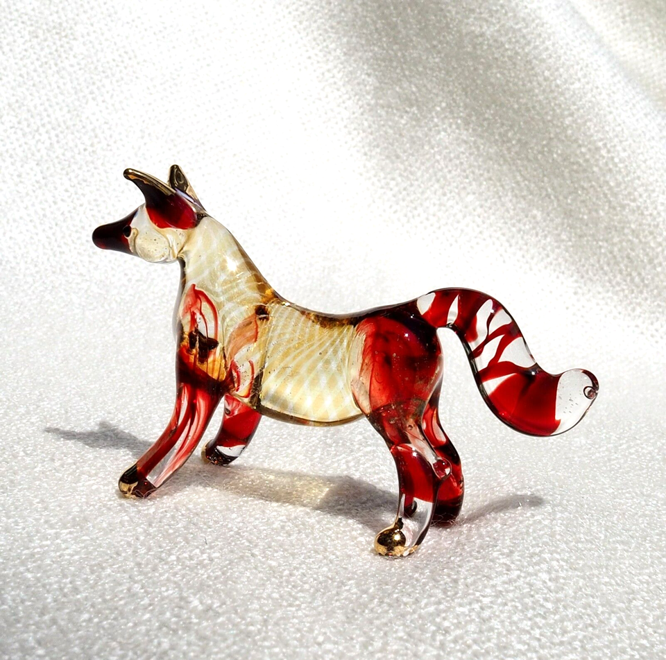 Amber Maroon Fox figurine hand blown Art Glass gold trim 2.5in decor ...