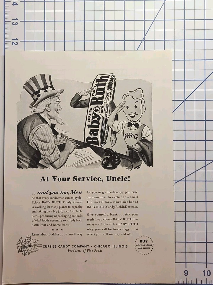 Baby Ruth Candy Bar N-R-G Signing Up Uncle Sam War Supply Vintage Print ...