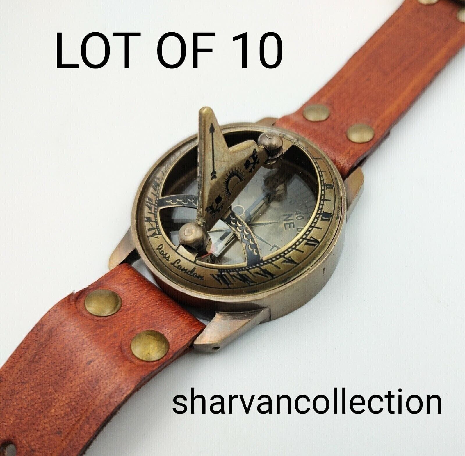 LOT OF 10 handmade Vintage style brass sundial compass wrist watch ...