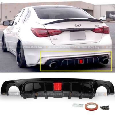 For 14 -17 Q50 Gloss Black Rear Bumper Lip Diffuser 6 Fins LED 3RD ...