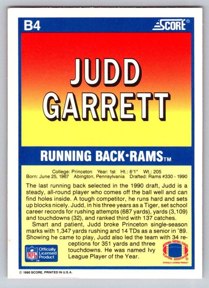 1990 Score #B4 Judd Garrett Philadelphia Eagles | eBay