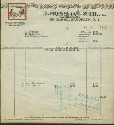 J Pressman & Co Wooden Toys Brooklyn NY invoice 1932 #25 & #50 boats | eBay