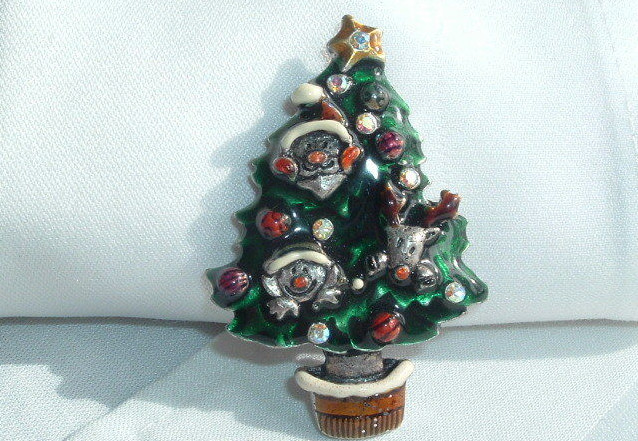 VINTAGE AJMC CHRISTMAS TREE BROOCH SANTA ELF REINDEER ENAMEL BROOCH ...