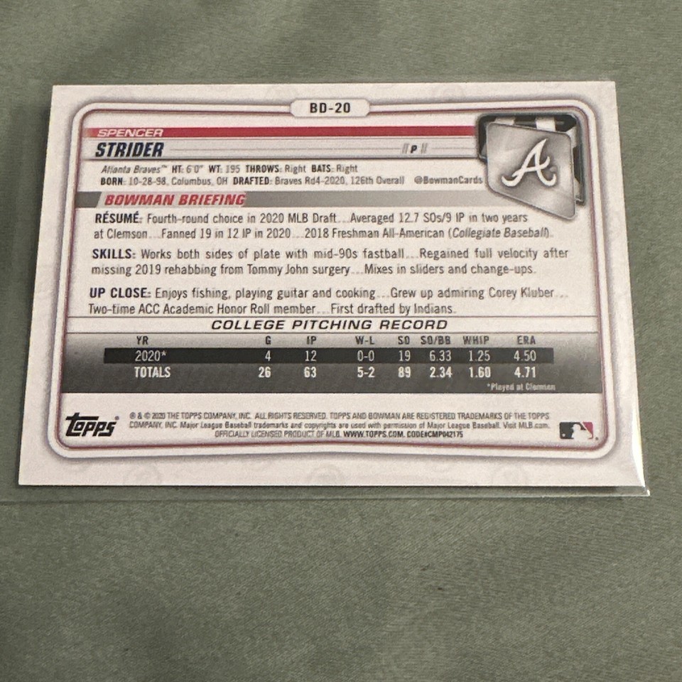 2020 Bowman Draft Spencer Strider First 1st Paper Base Rookie RC BD-20 ...