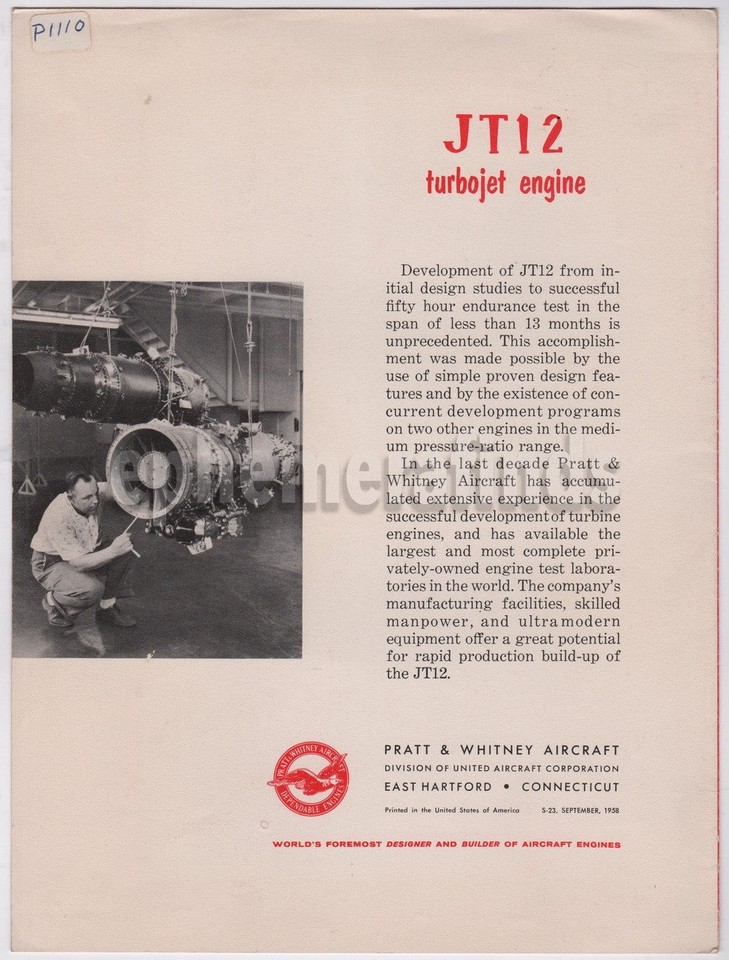 Pratt & Whitney JT12 J60 Turbojet Engine Rare Aviation Sales Brochure ...