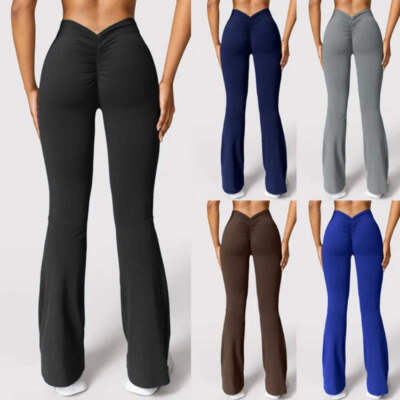 Flare Leggings Women V-back Waist Sports Pants High Waist Push Up Butt ...