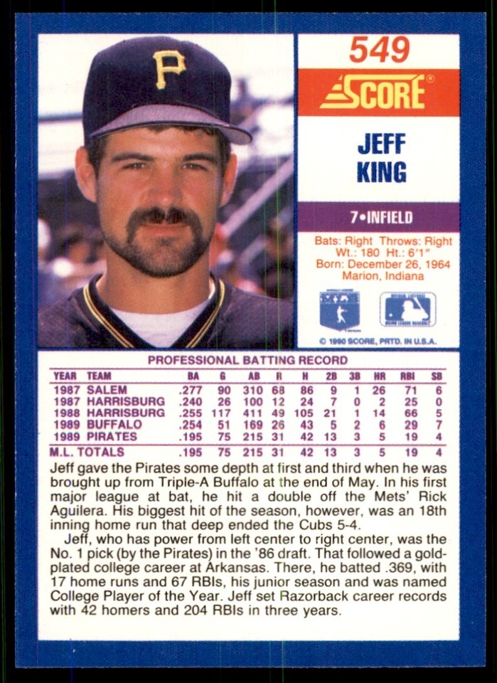 1990 Score Jeff King Baseball Cards #549 | eBay