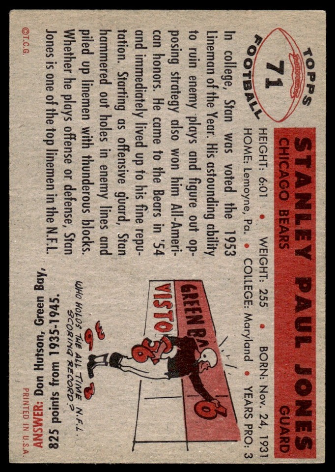 1956 Topps Stan Jones Chicago Bears #71 | eBay