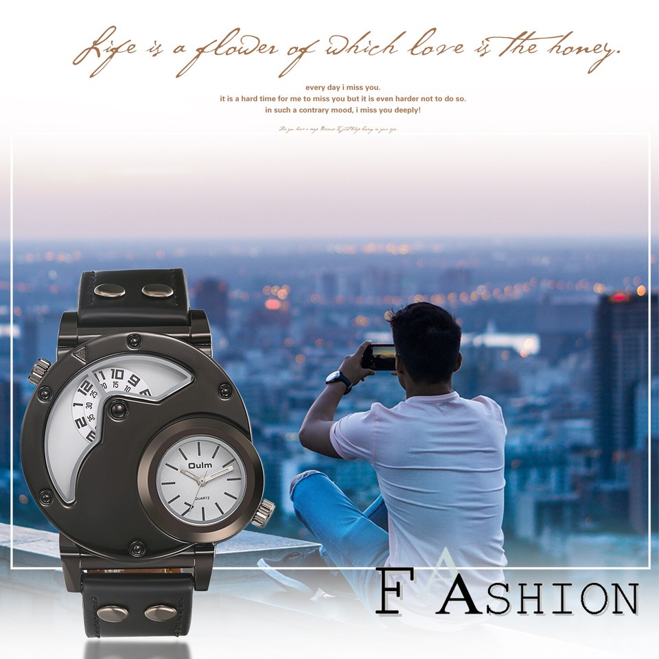 Military Army Style Men Dual Time Two Time Zone Sport Leather Analog ...