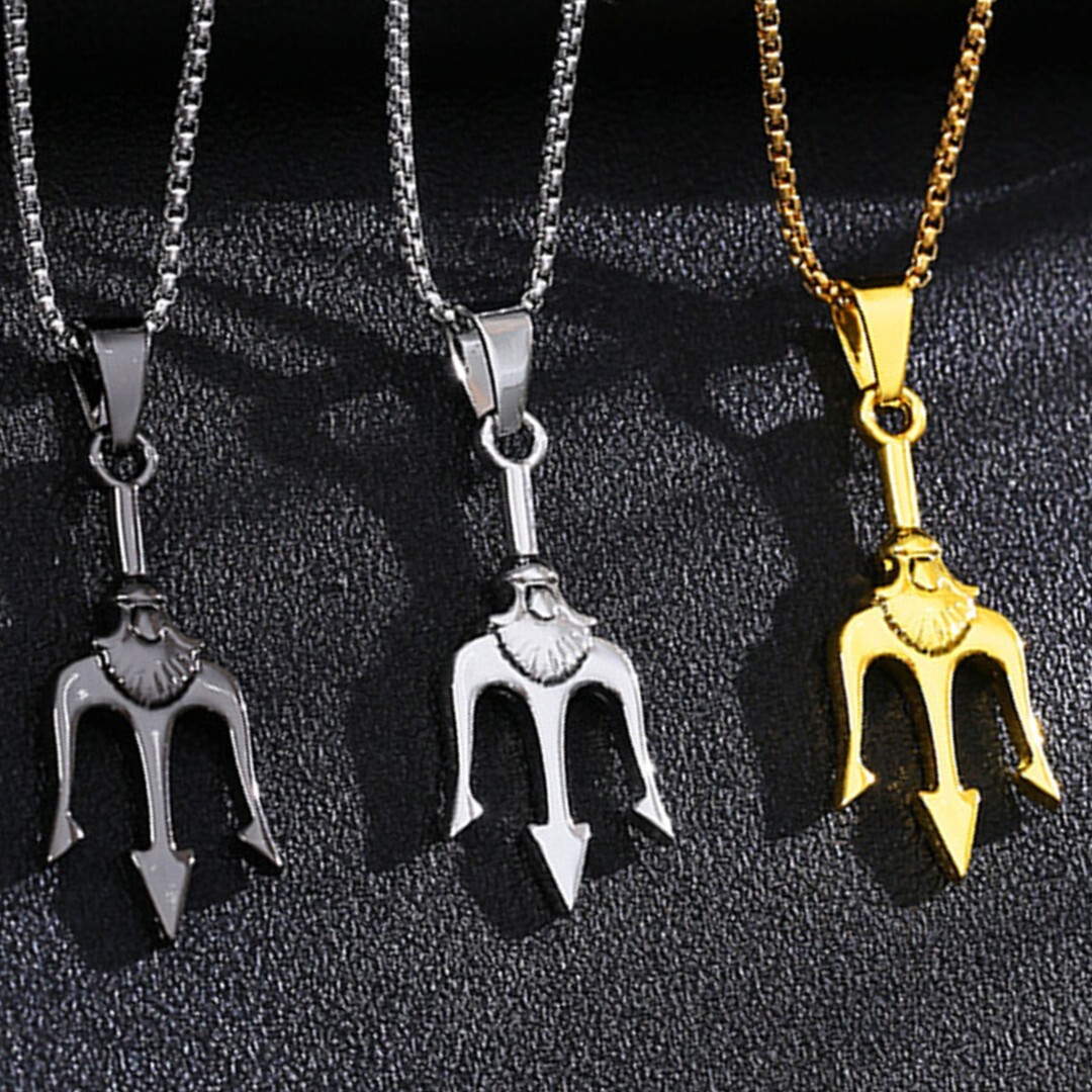 Men Silver Gold Black Poseidon Trident Pendant Punk Biker Necklace Box ...