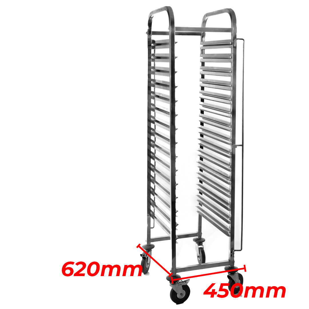 15 TIER STAINLESS STEEL GASTRONORM RACK TROLLEY + 18 x GN 1/1 PAN 100MM ...