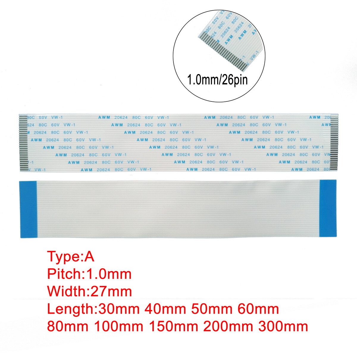 26Pin 1mm FFC FPC Flexible Flat Cable AWM VW-1 20624 80C 60V Connector ...
