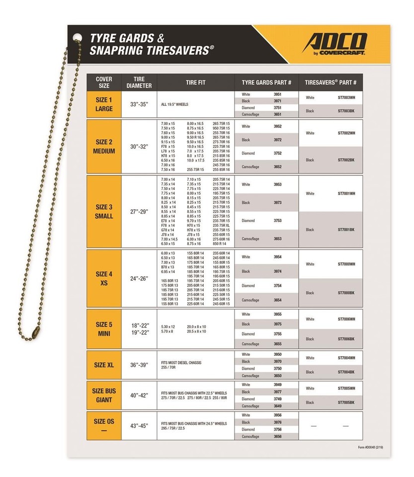 ADCO D0048 Tyre Gard/Tire Cover Hanging Fit Chart | ADCO | D0048 ...
