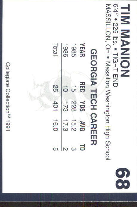 1991 Georgia Tech Collegiate Collection Multi-Sport Card #68 Tim Manion ...