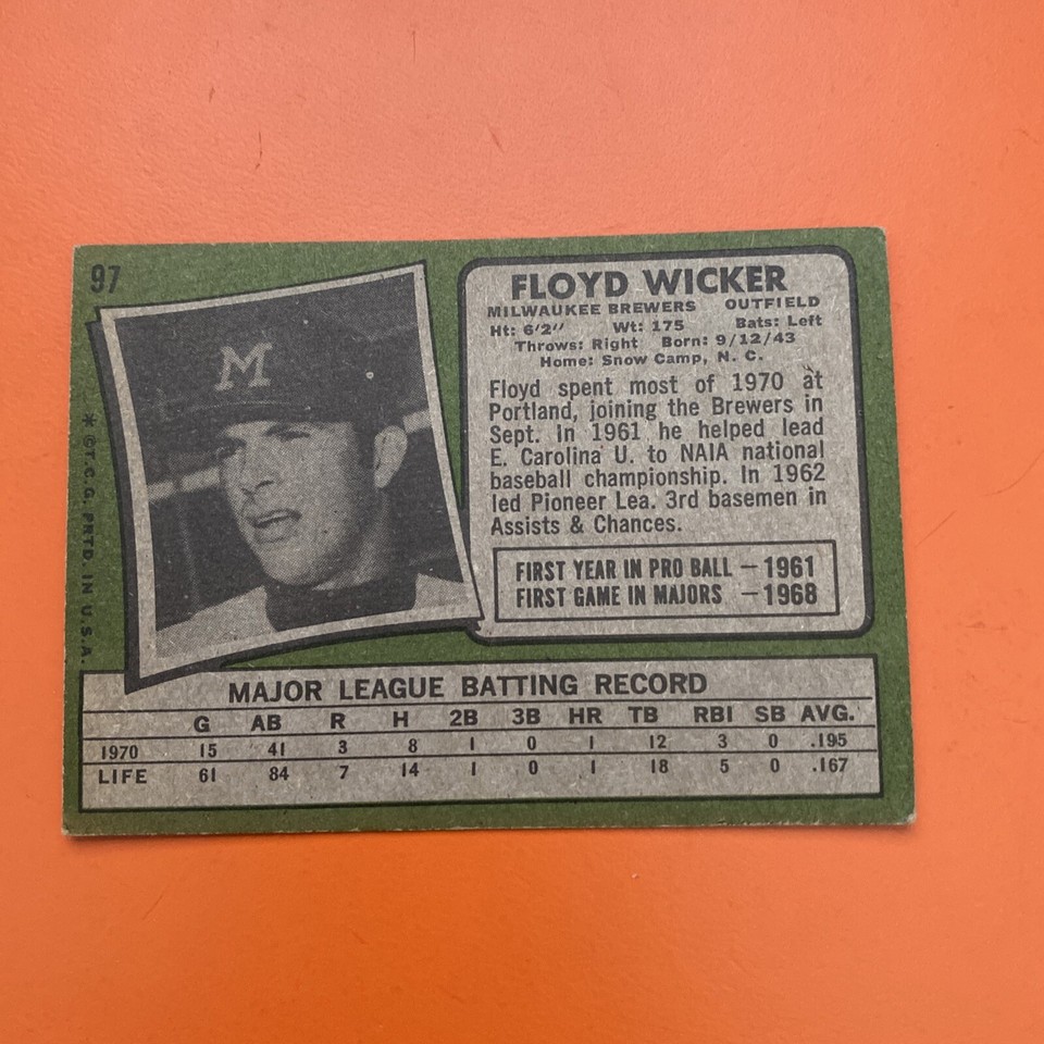 1971 Topps Milwaukee Brewers Baseball Card #97 Floyd Wicker - VG | eBay