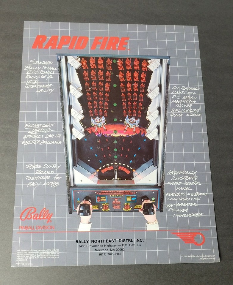 BALLY RAPID FIRE VTG PINBALL ARCADE GAME ADVERTISING PROMO SALES FLYER ...