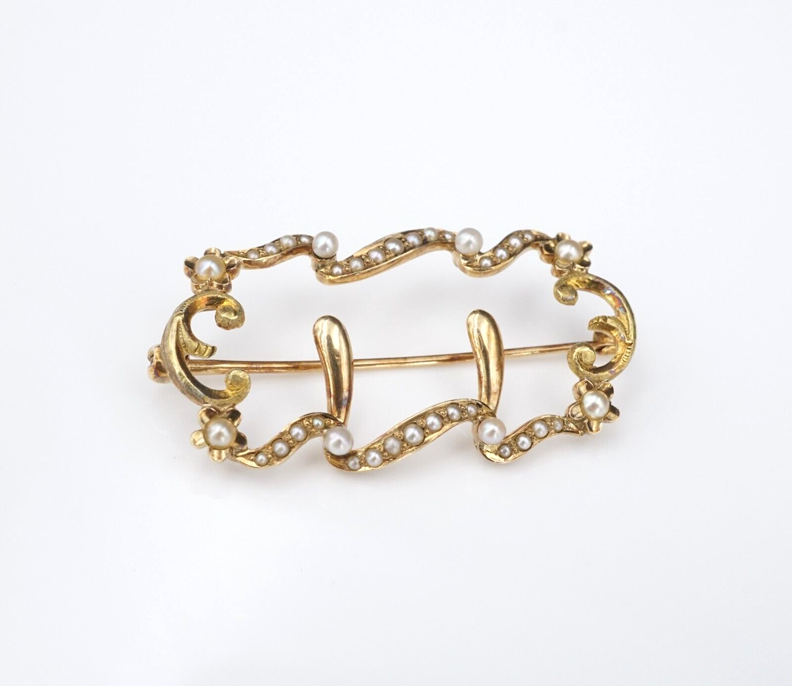 Antique 14k Yellow Gold Seed Pearl Floral Wave Scarf Pin Brooch 1.5 ...