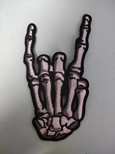 Skeleton Rock Finger Embroidered Patch Iron-On Rock Skull Hand Appliqué ...