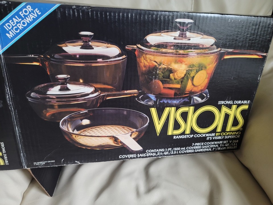 Corning ware rangetop cookware 7 pieces, V-286, Vision amber glass 1987 ...