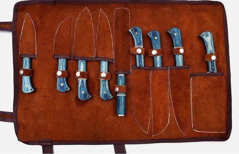 Custom Handmade Damascus Chef Knife Set 9 Pc – Kitchen Knives with Roll ...