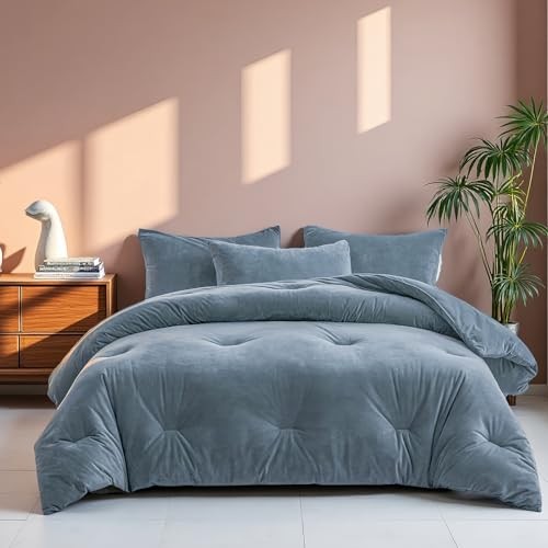 Velvet Comforter Set/Full Size Fluffy Velvet 3 Piece, Soft Queen Grey ...