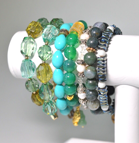 Large Lot Beaded Stretch Bracelets blue green 1 Ermish 1 heart charm H ...