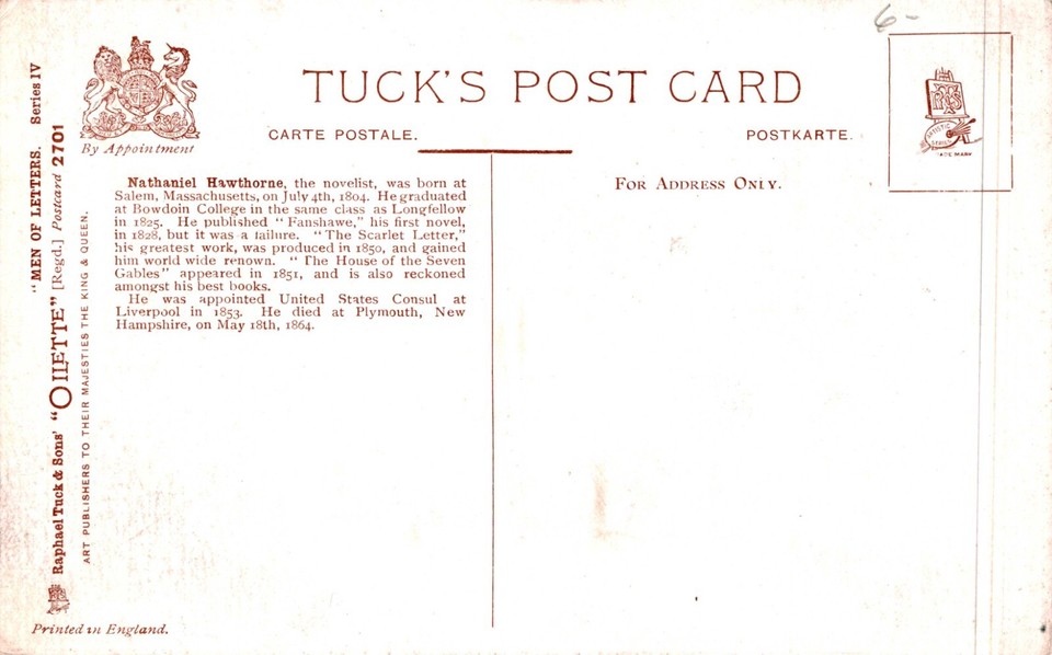 Postcard Tuck's Men of Letters Series IV 2701 Nathaniel Hawthorne ...