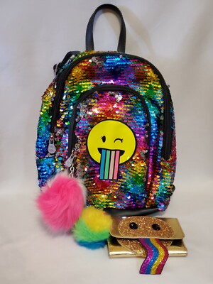 Justice Emoji Flip Sequin Mini Backpack Purse Black Rainbow Flip 🌈with ...